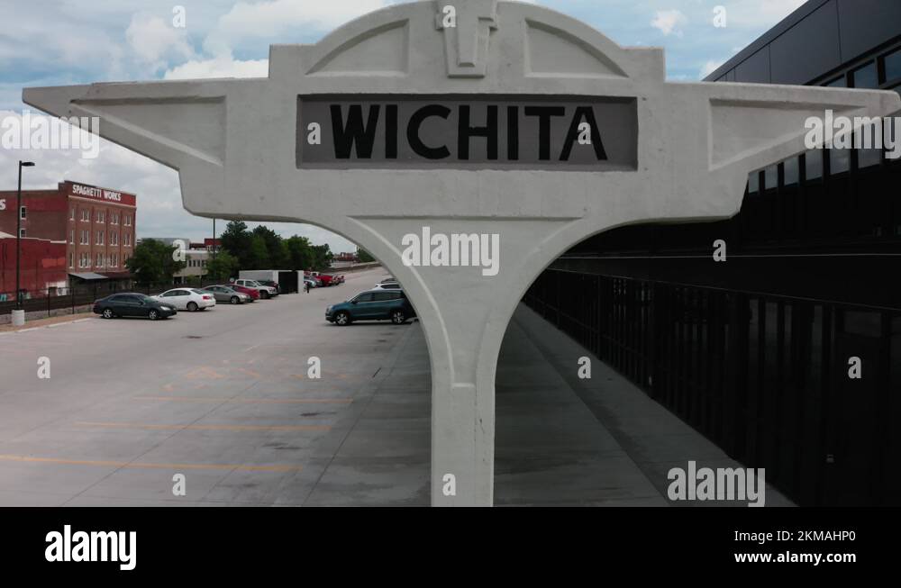 Drone crane shot of Union Station train sign downtown Wichita Kansas 4k ...