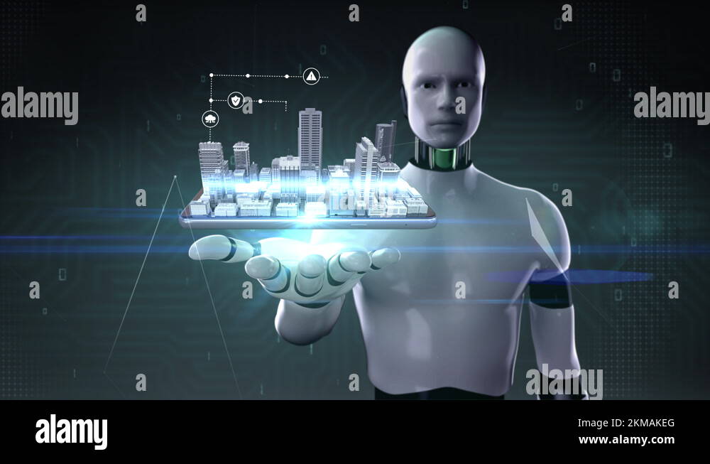 Robot opens palm. buildings are creat smart city connect IoT on mobile ...