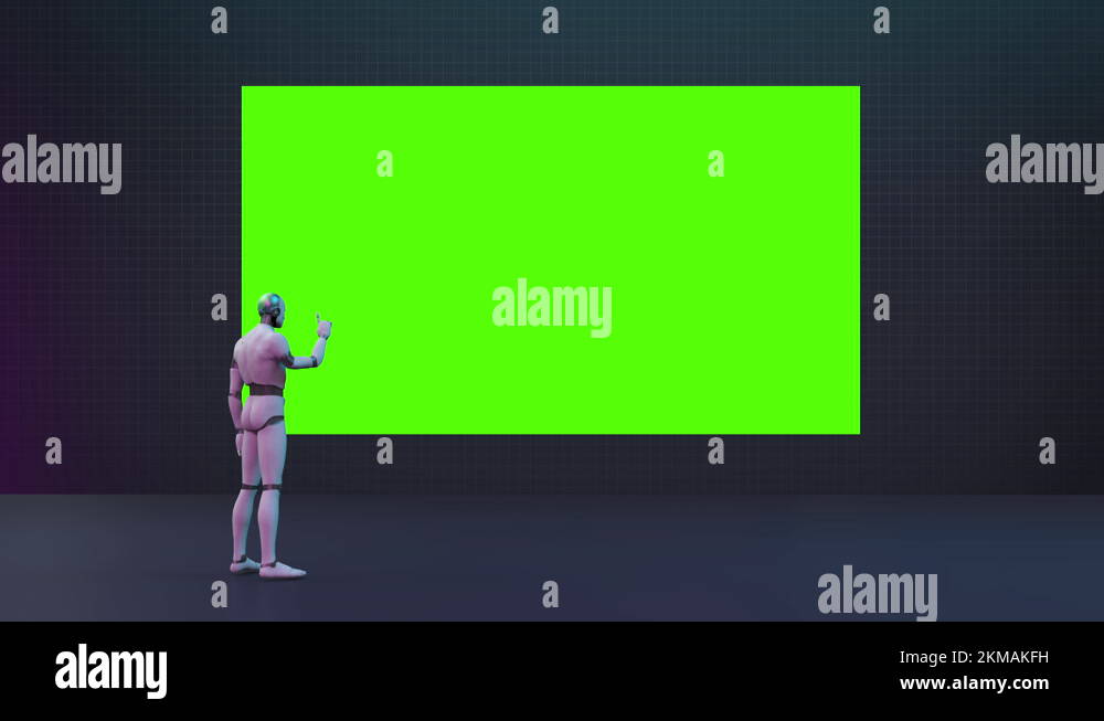 Artificial intelligence humanoid robot giving a presentation. green ...