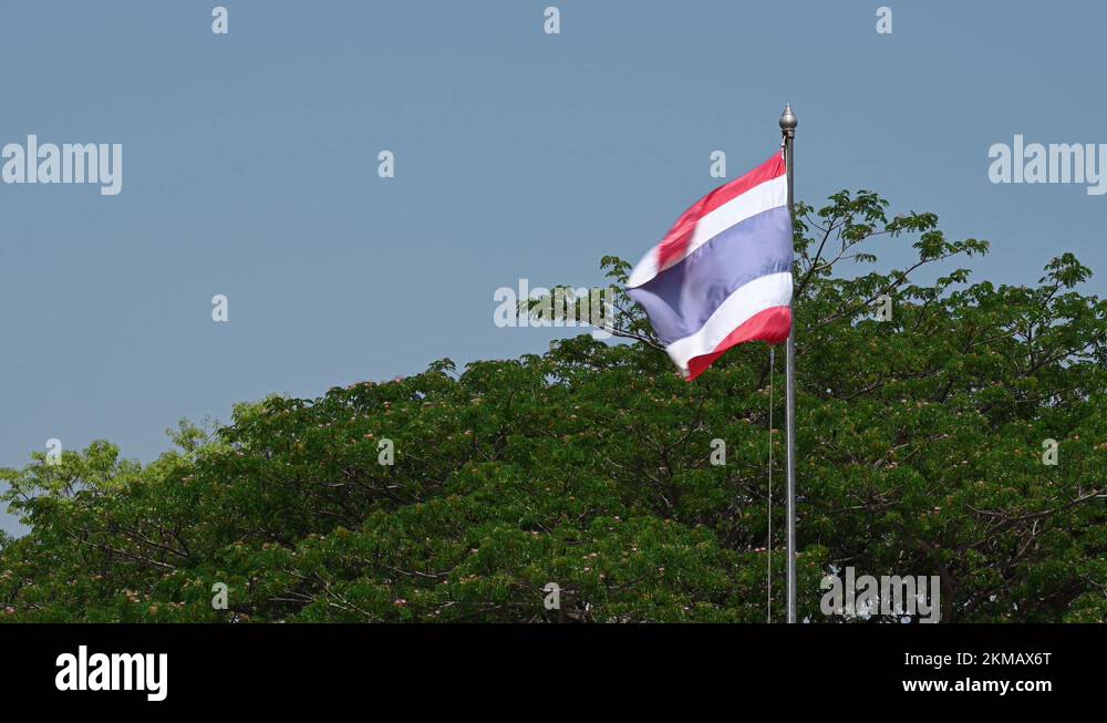 A short clip of a Thai Flag flying during a windy sunny day against a ...