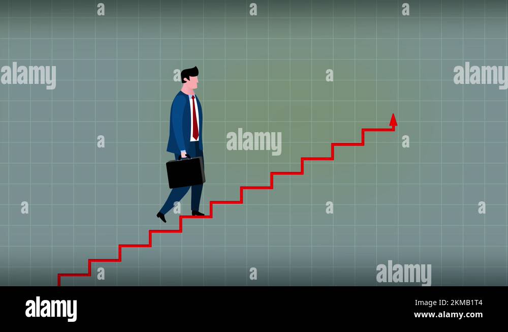 Cartoon businessman character going up the chart graph stairs animation ...