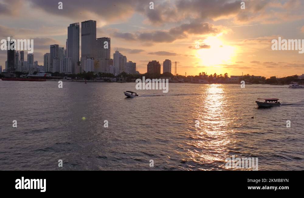 Colombia, scenic Cartagena bay Bocagrande and panoramic city skyline at ...