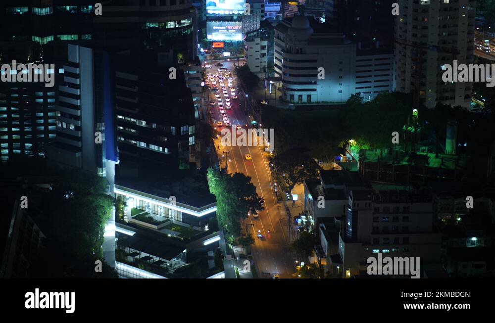Night city street view from height, tilt up shot of Witthayu Road Stock ...