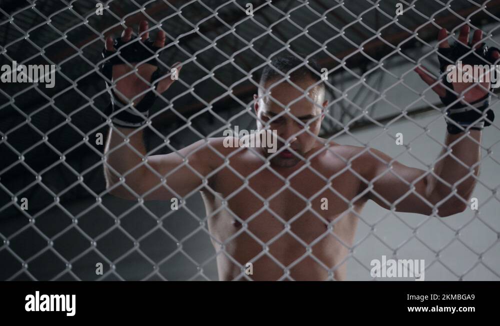 Muscular MMA fighter is approaching the octagon cage and looking into ...