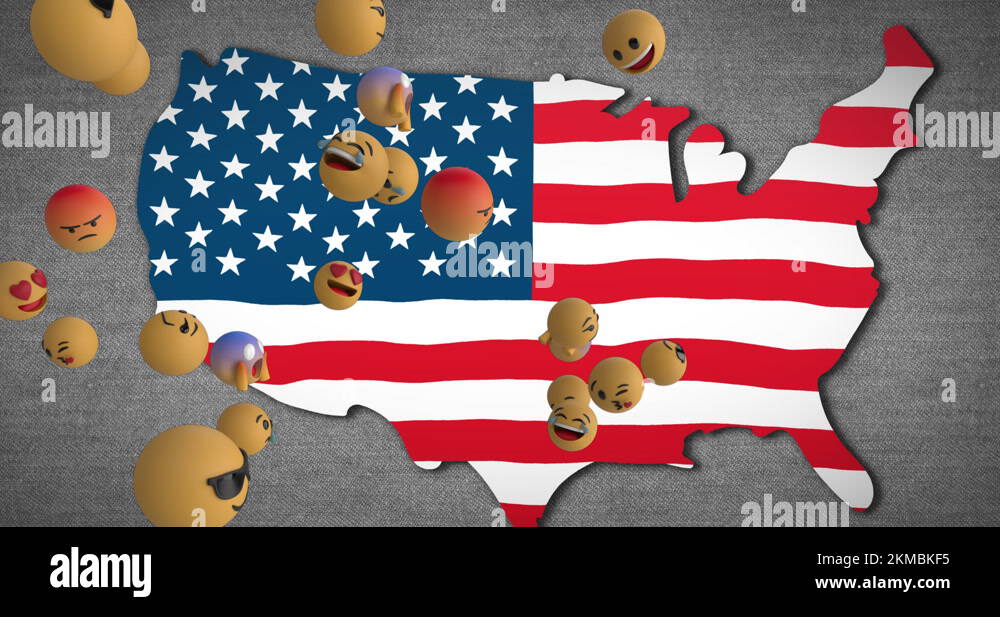 Animation of emojis flying over map of america with american flag Stock ...