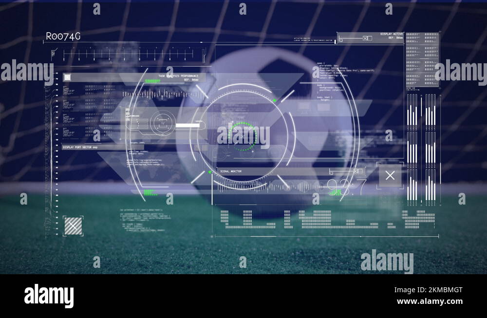 Animation of digital data processing on screen over football in sports ...