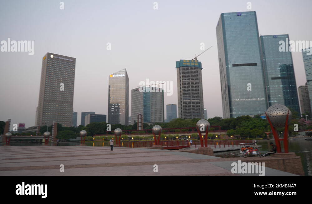 twilight foshan city famous riverside bay park slow motion downtown 4k ...