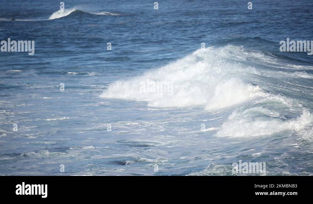 Beautiful big waves of blue ocean water foaming and crashing on wave ...