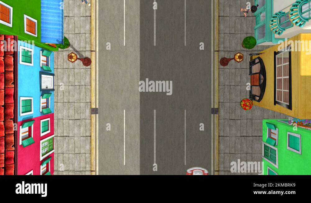 ANIMATION - 3D graphics of a city street with houses and people, top ...