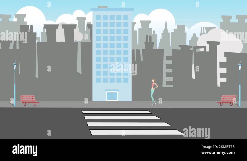 ANIMATION - City street, pedestrian, building going up, factories, air ...