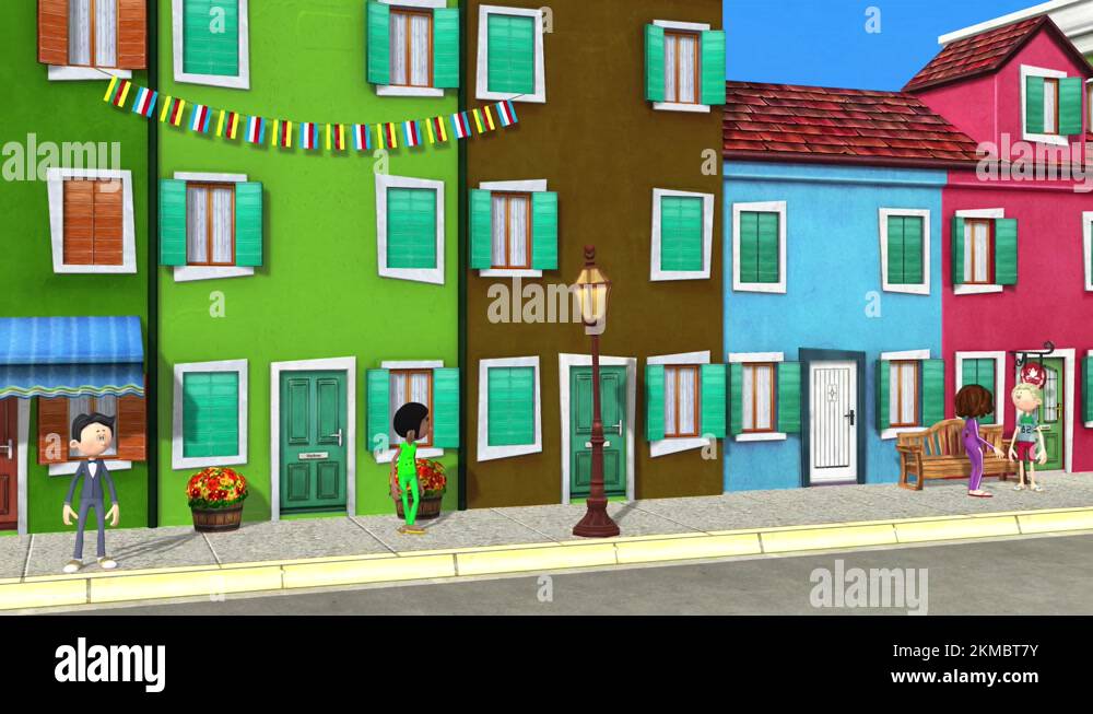 ANIMATION - 3D graphics of a city street with houses, sidewalk, and ...