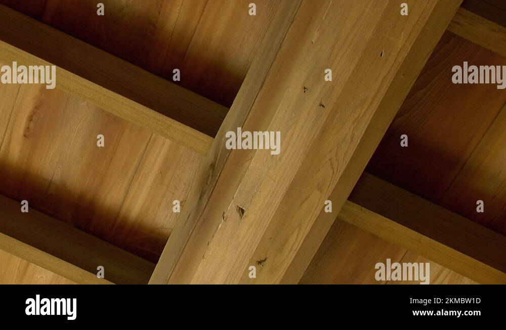 Roof beam and rafters made of hinoki wood in a traditional Japanese ...