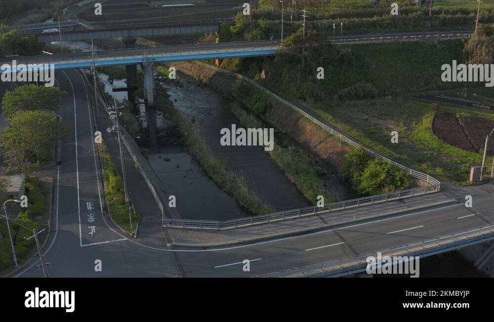 Nawa River and Rural Tottori Japan. Tilt Reveal of Mt Daisen at Sunrise ...