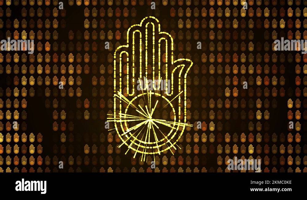 Golden Shiny Jain Symbol Hand Lines And Light Burst From Wheel On Palm ...