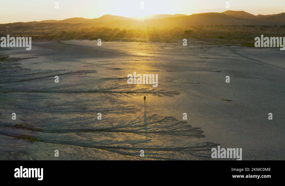 Climate change.High aerial view of a devastated farmer walking across ...