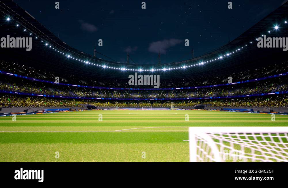 crowd fan with flags around night soccer arena waving flashlights Stock ...