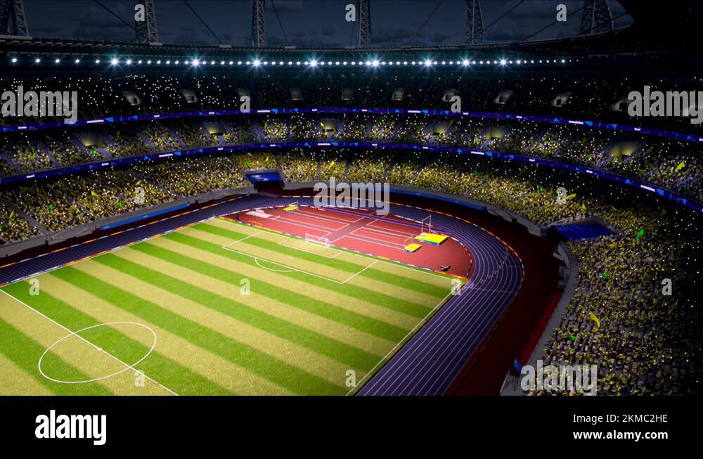 crowd fan with flags around night soccer arena waving flashlights Stock ...