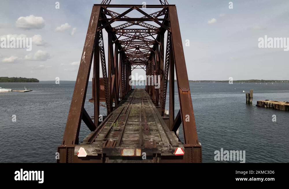 Flying through an old swing bridge off the coast of Portland, Maine's ...