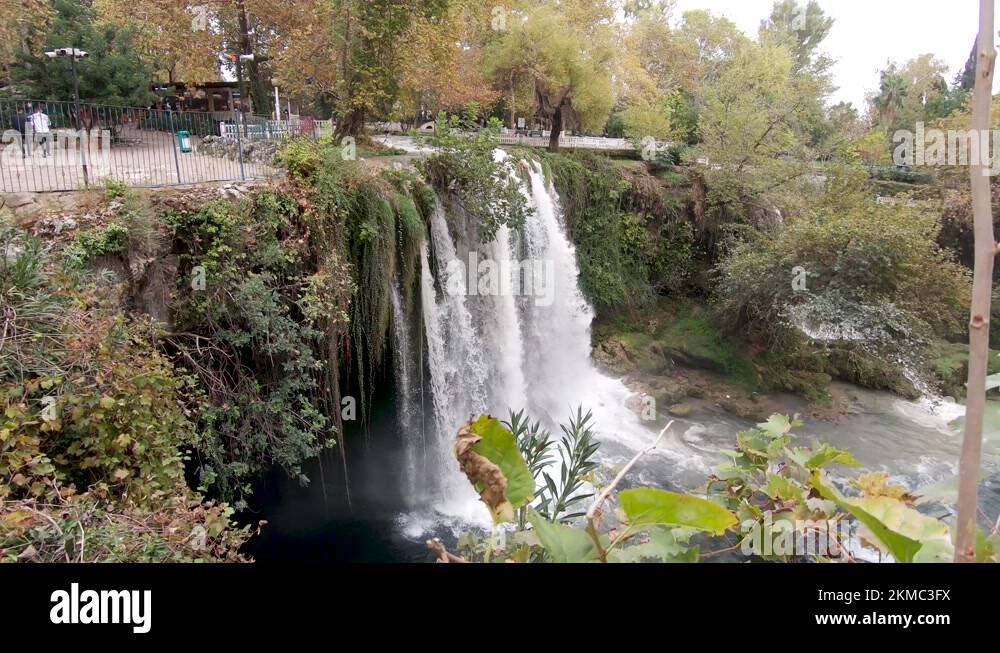 Upper Duden Waterfalls in Antalya, Turkey. Slow motion tilt down view ...