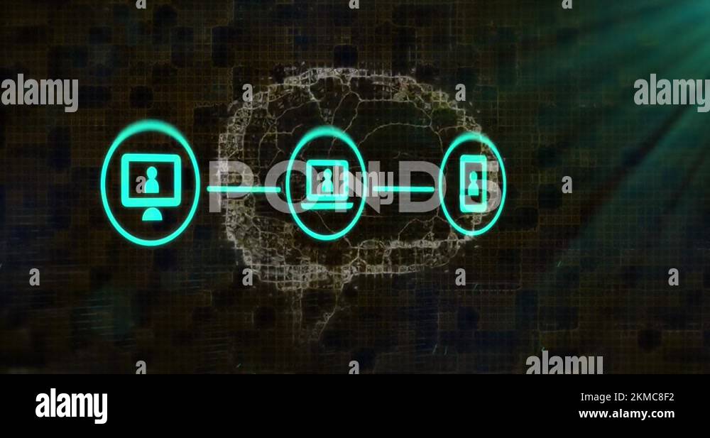 Animation of connected digital communication media icons and rotating ...