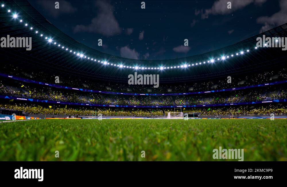 night soccer stadium with crowd fans. Static video shot, camera not ...