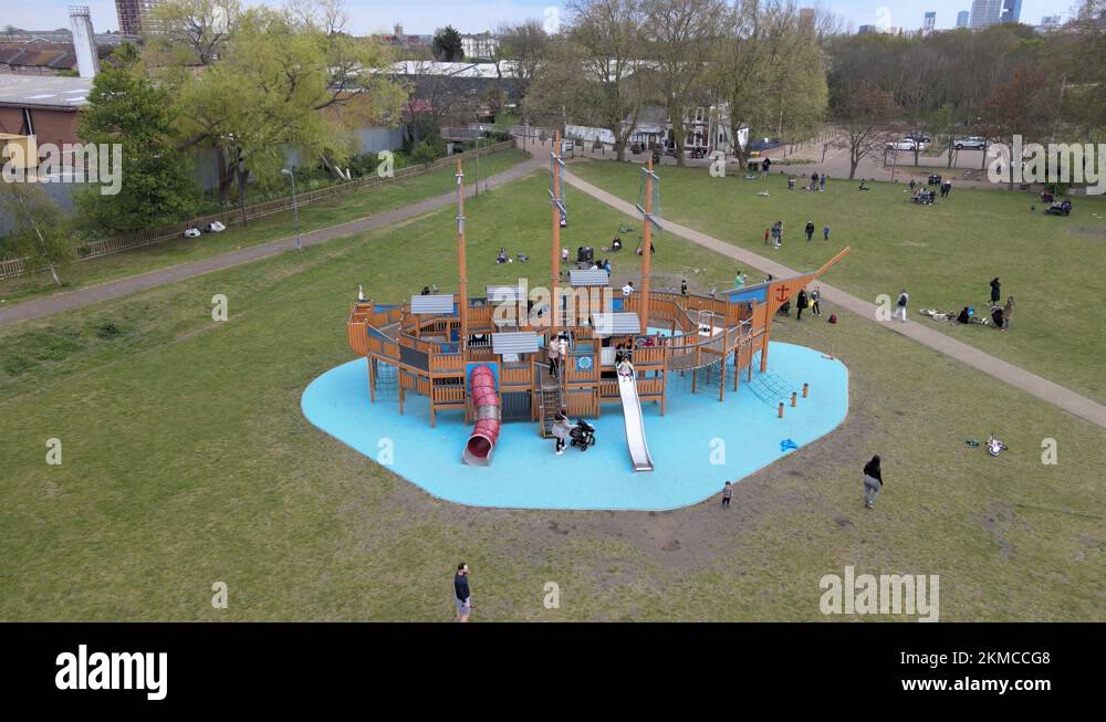 Sailing boat for children in public park, wooden outdoor playground ...