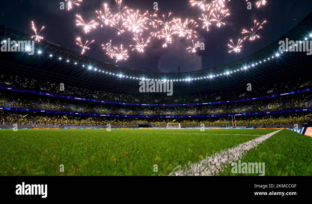 Fireworks in soccer stadium with crowd fans and waving flags ...