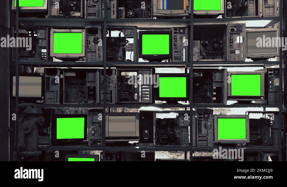 Old Damaged Computers Wall With Green Screen, Scanning Up Stock Video ...