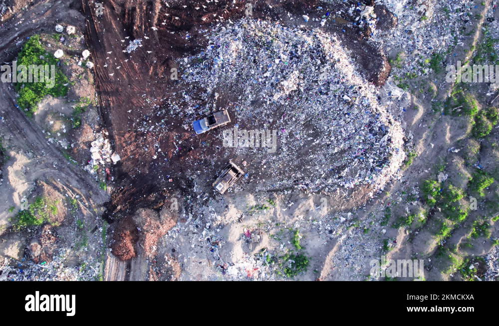 Aerial view of stack of different types of large mountain garbage pile ...