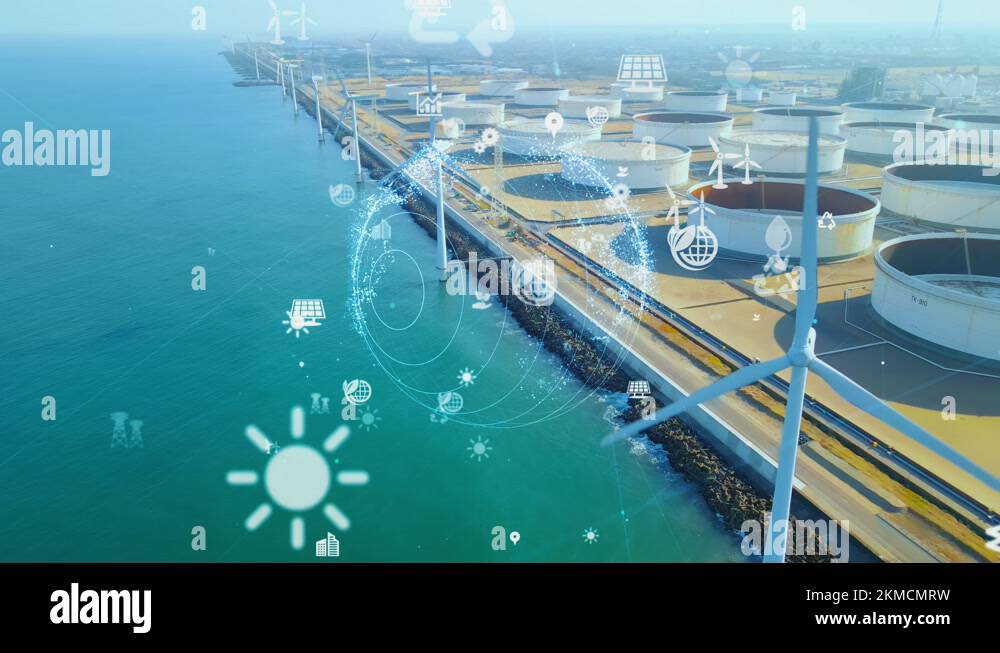 Wind power plant and technology. Smart grid. Renewable energy ...