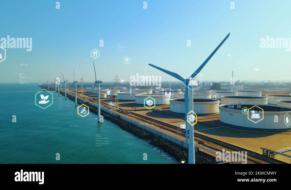Wind power plant and technology. Smart grid. Renewable energy ...