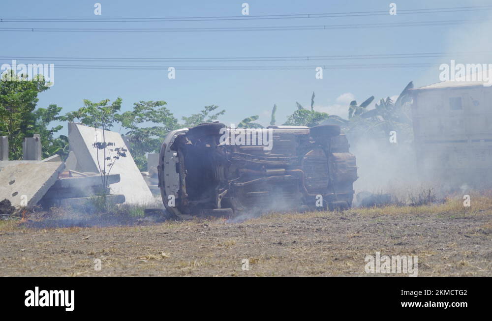 Broken cars crash with smoke, collapse in accident on side of street ...