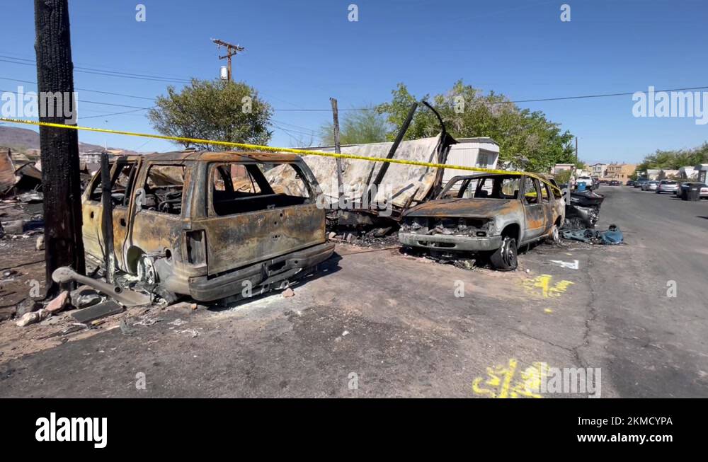 Multiple vehicles scorched after devastating trailer fire Stock Video ...