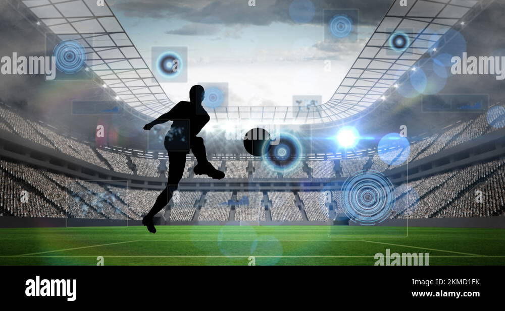 Multiple round scanners over silhouette of male soccer player kicking a ...