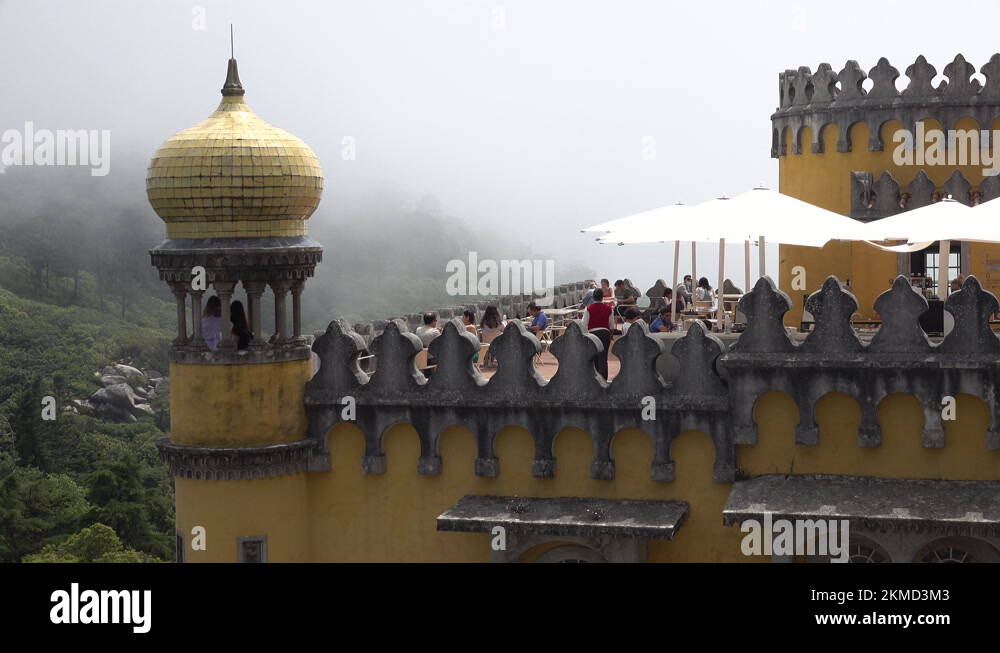 People visit towers and restaurant of Pena Palace in Sintra (after ...