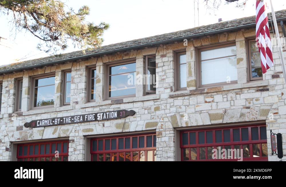 Gates of fire station. Firemens hall or firefighter house. Carmel ...
