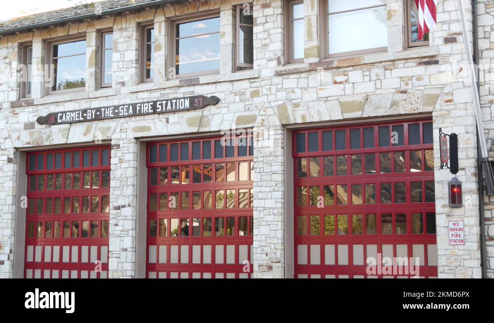 Gates of fire station. Firemens hall or firefighter house. Carmel ...