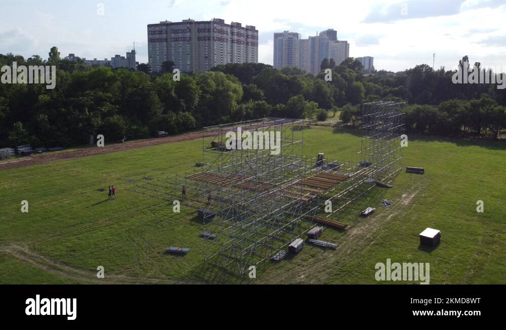 installation of a stage for a concert in the park. Aerial view Stock ...