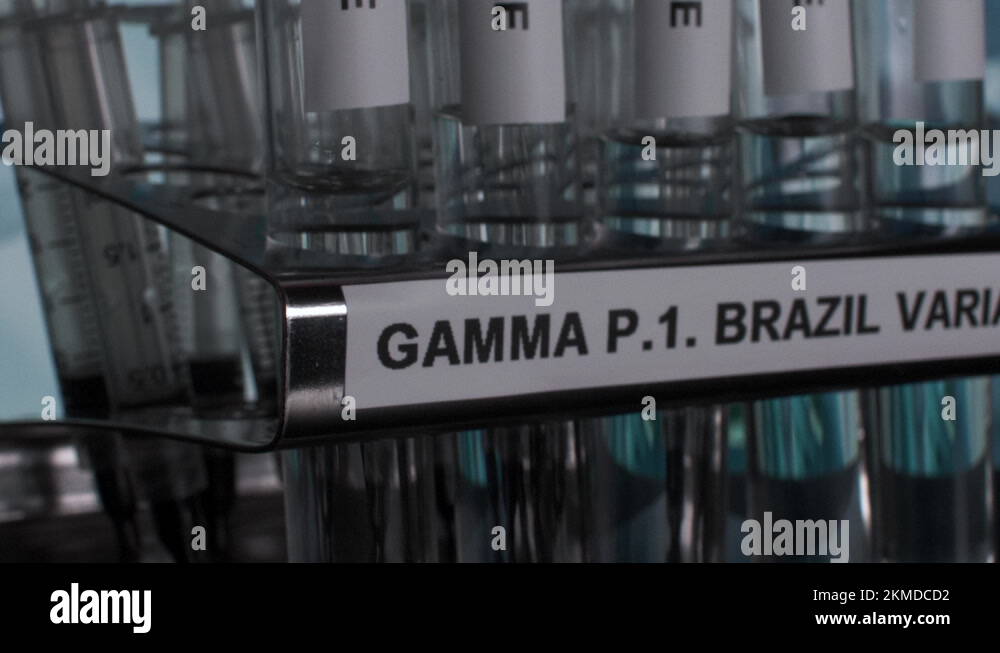 Gamma P.1 Brazil Variant Test Tube Sample Vials In Rack. Pan Right ...