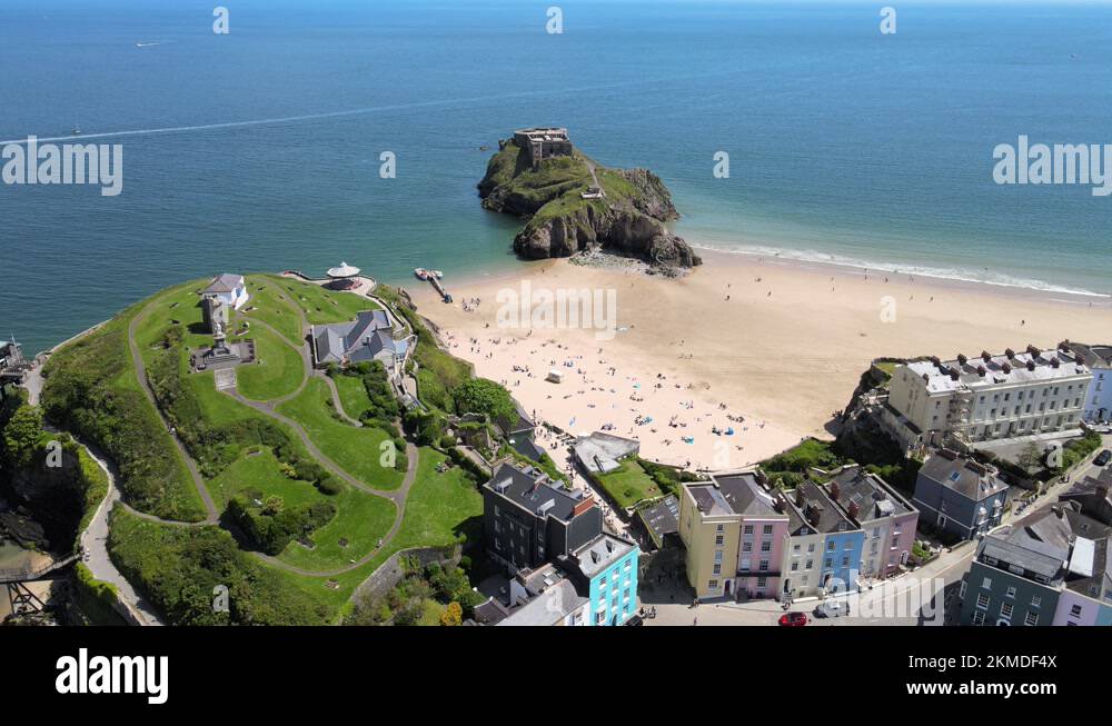 Tenby Castle and beach Seaside town in Pembrokeshire, Wales, Aerial 4K ...