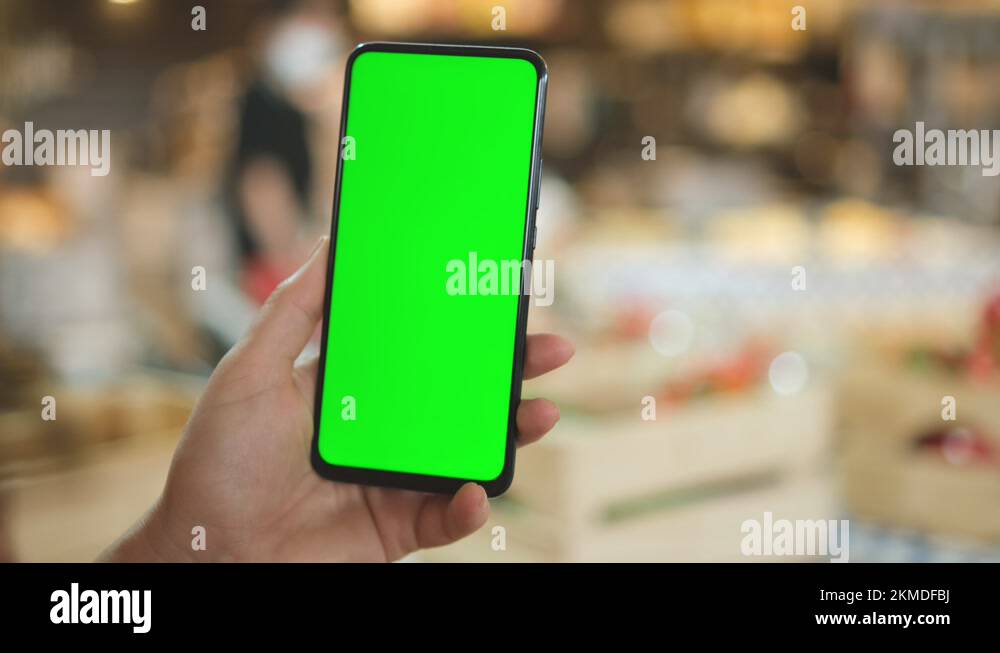 Mall. Shopping center. Back view of brunette holding chroma key green ...