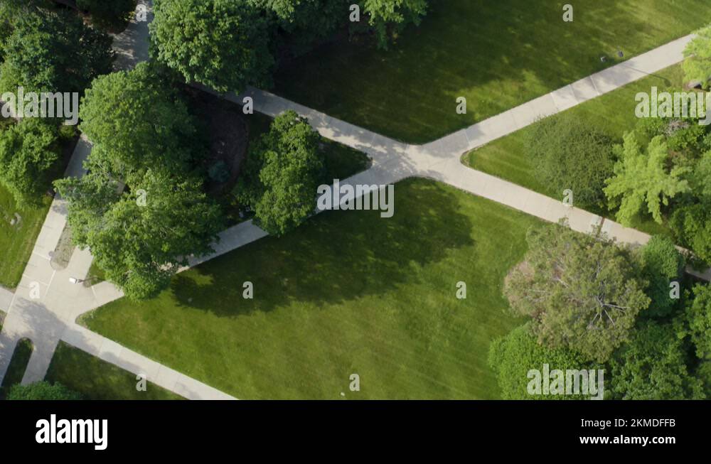 Top Down View of University Campus with Common Lawn, Walking Paths, and ...