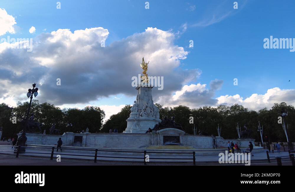 Low wide aerial view of Victoria memorial statue outside Buckingham ...