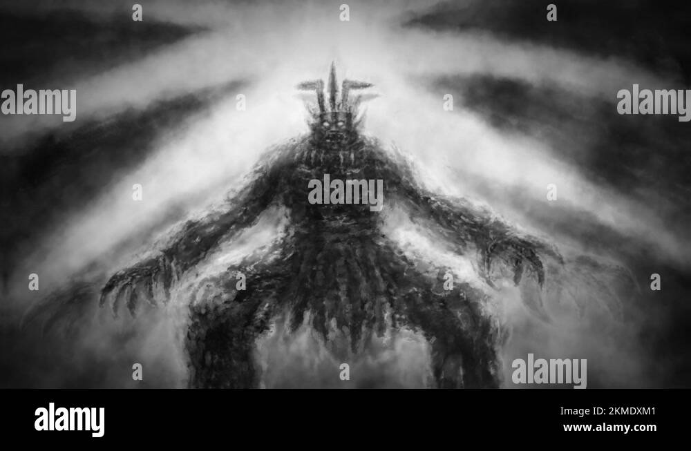 Evil demon lifts two human skulls from ground. Scary 2d animation Stock ...