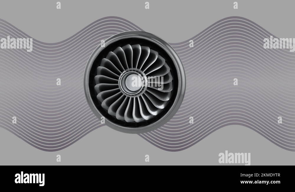 Animation of isolated jet engine rotating over thin wavy kinetic grey ...
