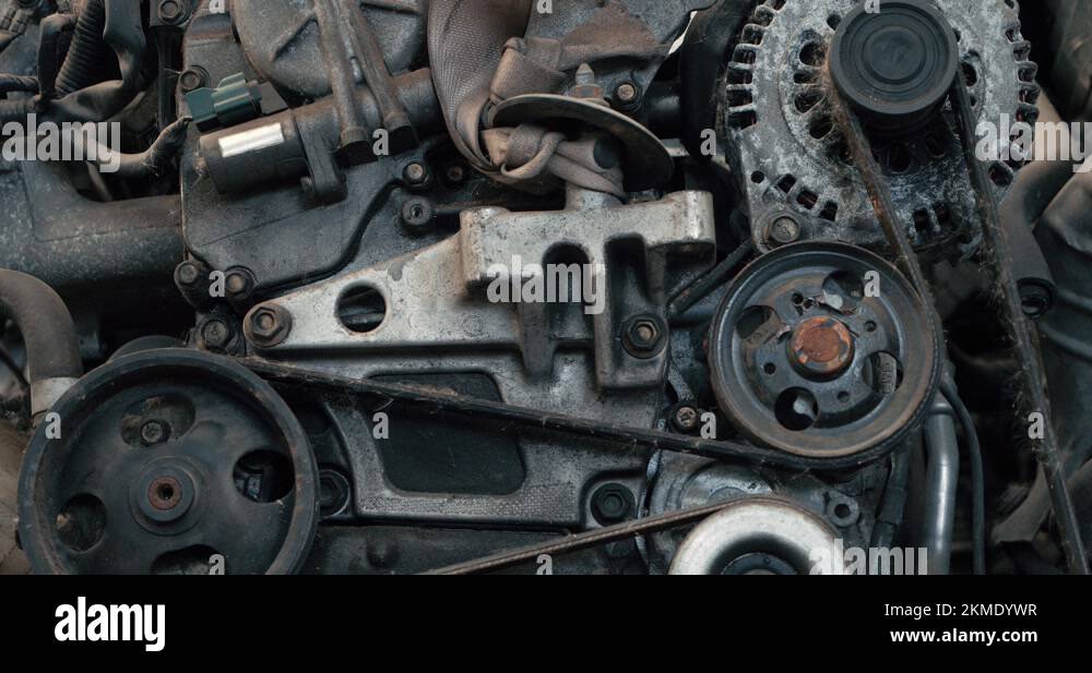 Close up rotate of used auto parts of old car at garage Stock Video ...