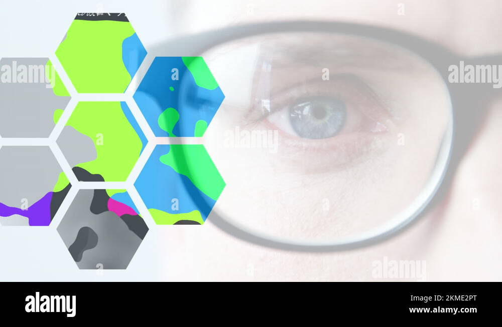 Animation of blinking blue eye through glasses, with colourful blobs in ...