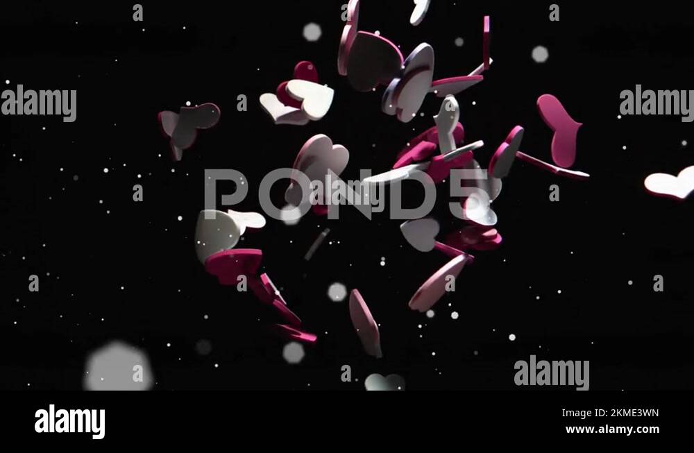 Animation of red and white hearts falling on black background with ...
