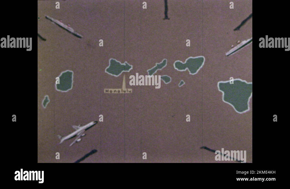 1960s: Map of Hawaiian Islands. Map of Oahu with a pointer to Honolulu ...