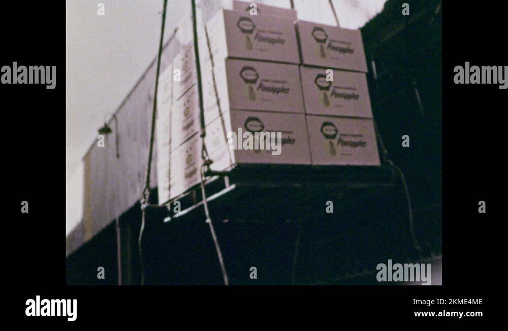 1960s: Boxes of pineapples. Crane loads boxes into the hold of a ship ...